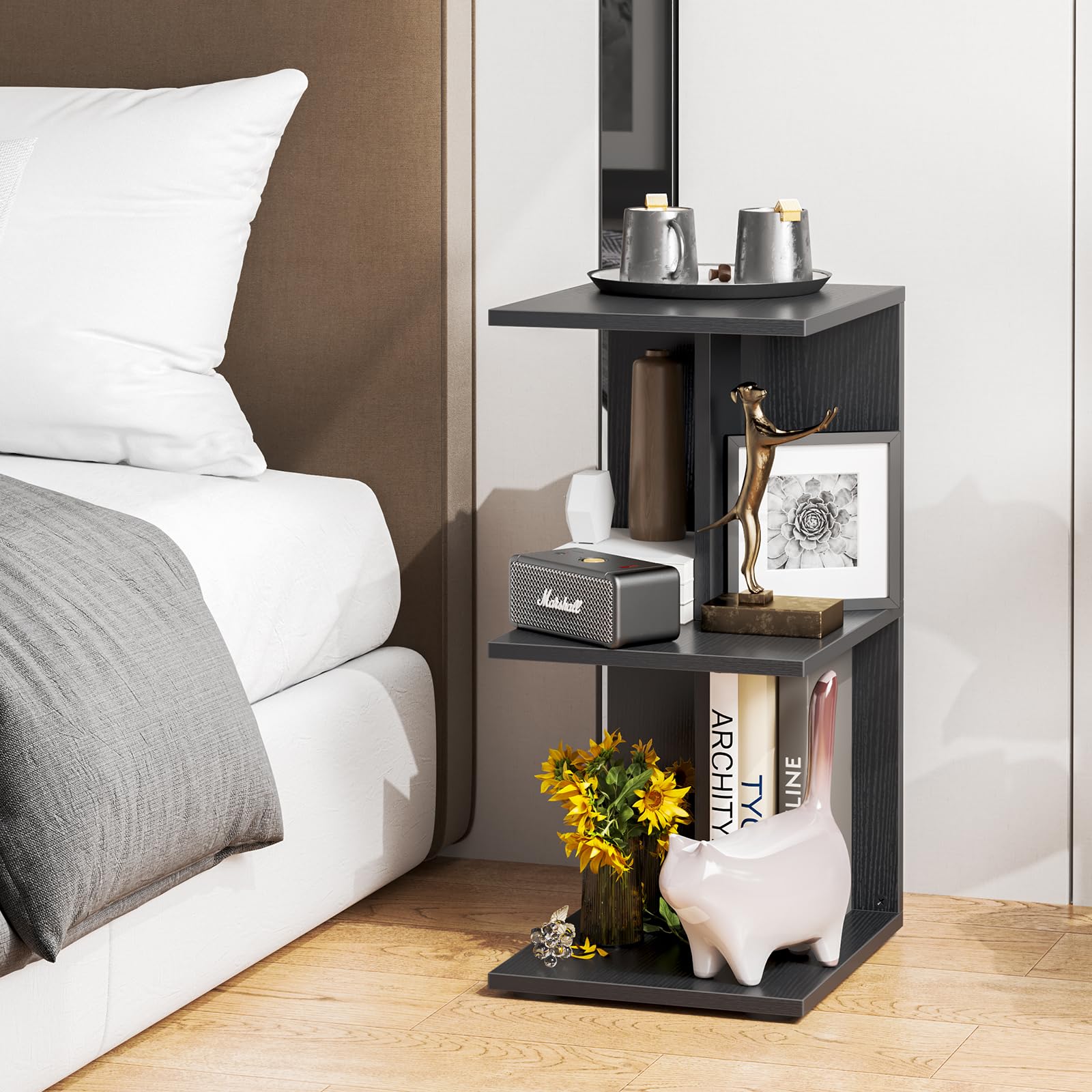 Fixwal End Table with Charging Station, Modern 3-Tier Narrow Side Table, Bedside Table with USB Ports and Outlets, Rolling Bedside Nightstand with Storage Shelf, for Living Room, Bedroom, Black