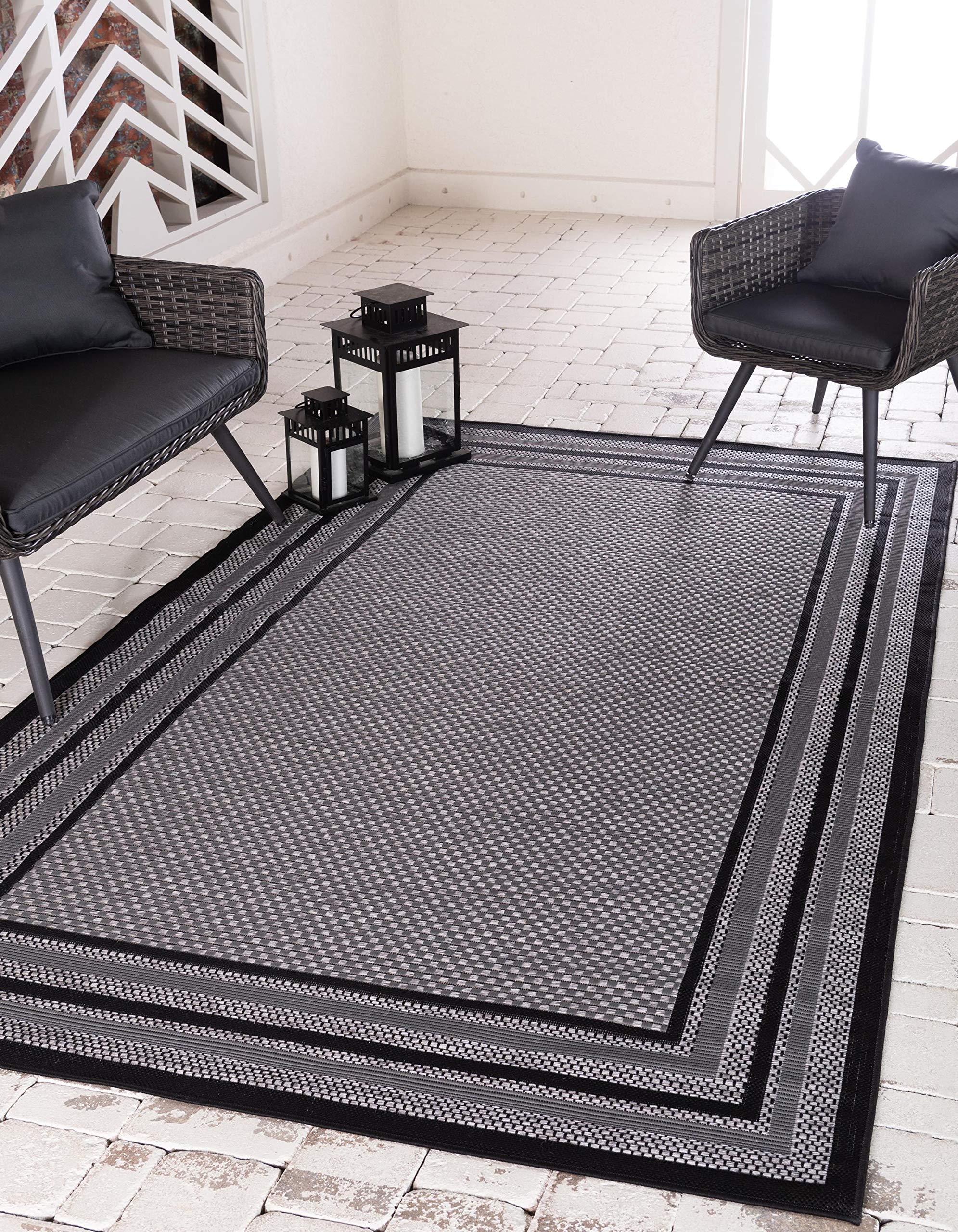 Unique Loom Outdoor Border Collection Area Rug - Multi Border (3' 3" x 5' 1" Rectangle, Gray/ Black)