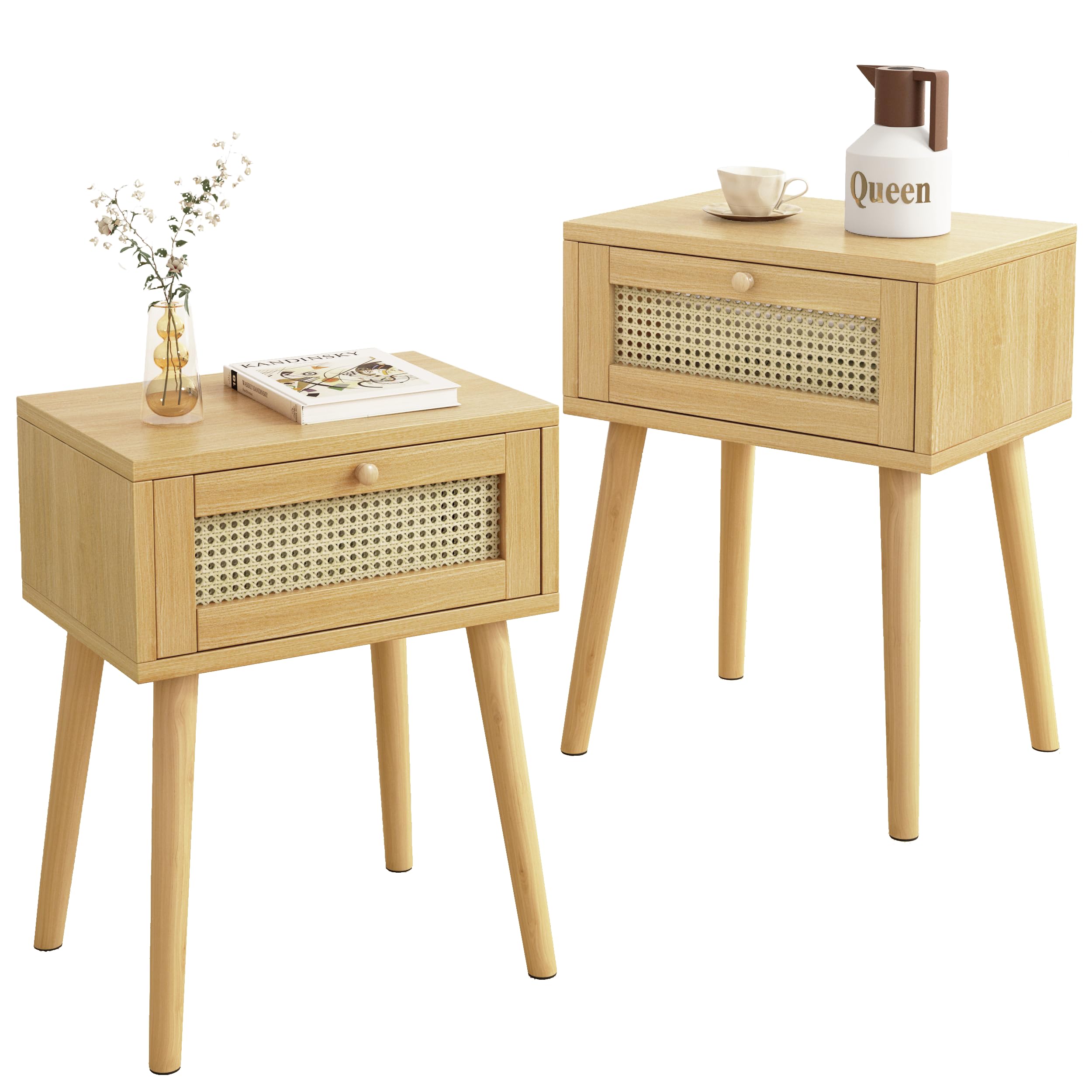 Fixwal Nightstand Set of 2, Small Mid-Century End Table with Rattan Door, Rattan-Like Bedside Table with Storage Space, Boho Side Table for Bedroom, Living room, Natural