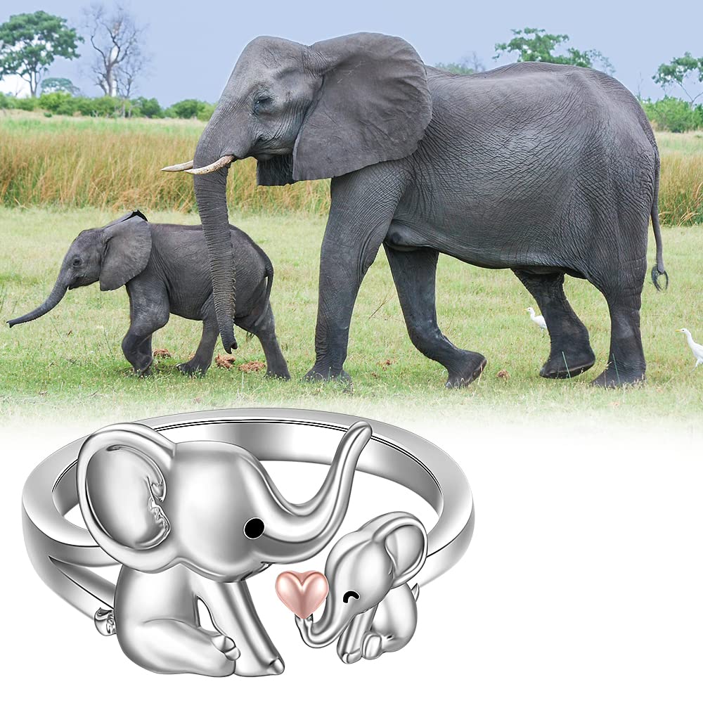 Fenthring Sterling Silver Elephant Ring Mama Elephant Rings Rose Gold Plated Heart Family 2 Elephants Gift Size 9