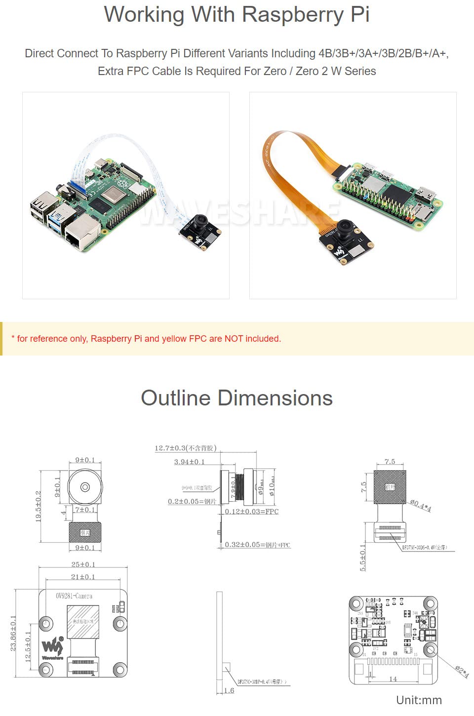 Waveshare OV9281-120 Mono Camera Compatible with Raspberry Pi Series Boards Including 4B/3B+/3A+/3B/2B/B+/A+ Extra FPC Cable is Required for Zero/Zero 2 W Series Global Shutter 1MP