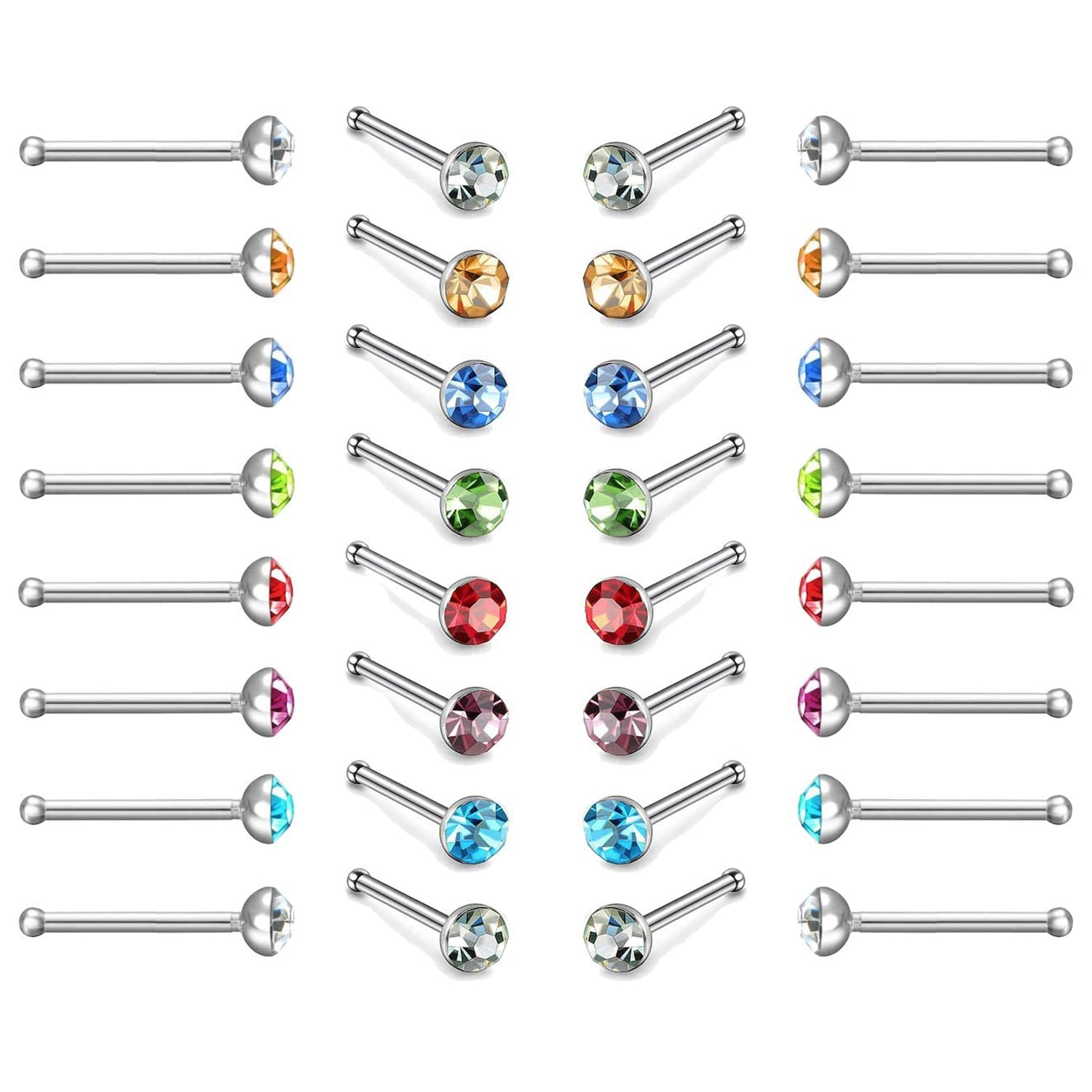 Evevil 60pcs Small Nose Studs Stainless Steel CZ Nose Piercing Jewelry Tiny Bone Studs for Women Men Hypoallergenic (1.5mm, Multi-Color CZ,22G)