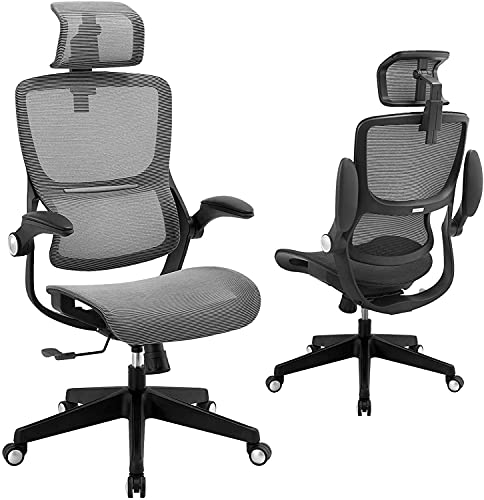 X XISHE Office Chair, Ergonomic Mesh Office Chair, High Back Desk Chair - Adjustable Headrest with Flip-Up Arms, Tilt Function, Lumbar Support, and PU Wheels, Swivel Computer Task Chair