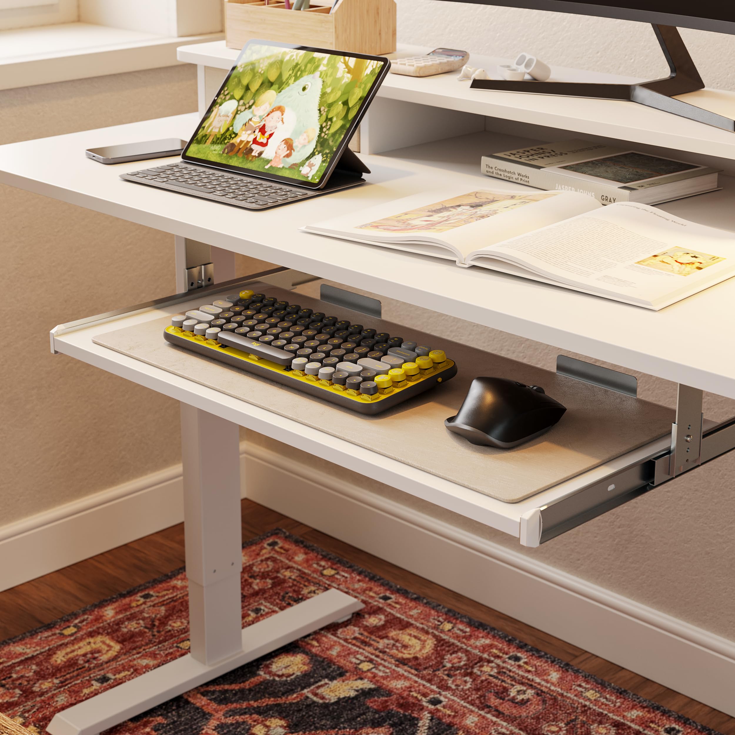 FEZIBO Height Adjustable Electric Standing Desk with Keyboard Tray, 48 x 24 Inch Stand Up Table with Storage Shelf, Sit Stand Desk, White Top