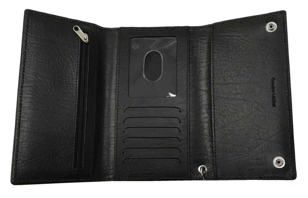 Harley-Davidson Men's B&S Biker Chain Tri-Fold Tall Leather Wallet - Black