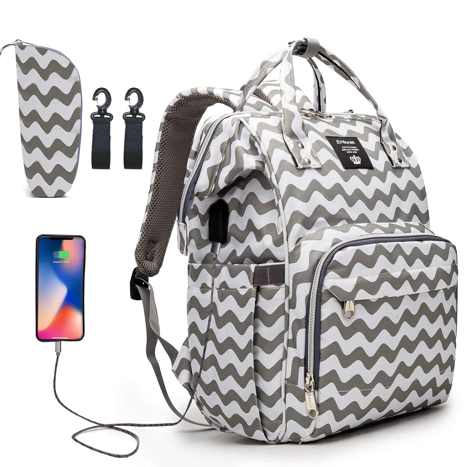 Erdoran Diaper Bag Backpack, Multifunction Waterproof Travel Backpack Maternity Baby Changing Bags with Insulated Pockets Stroller Straps and Built-in USB Charging Port, Large Capacity, Stripe
