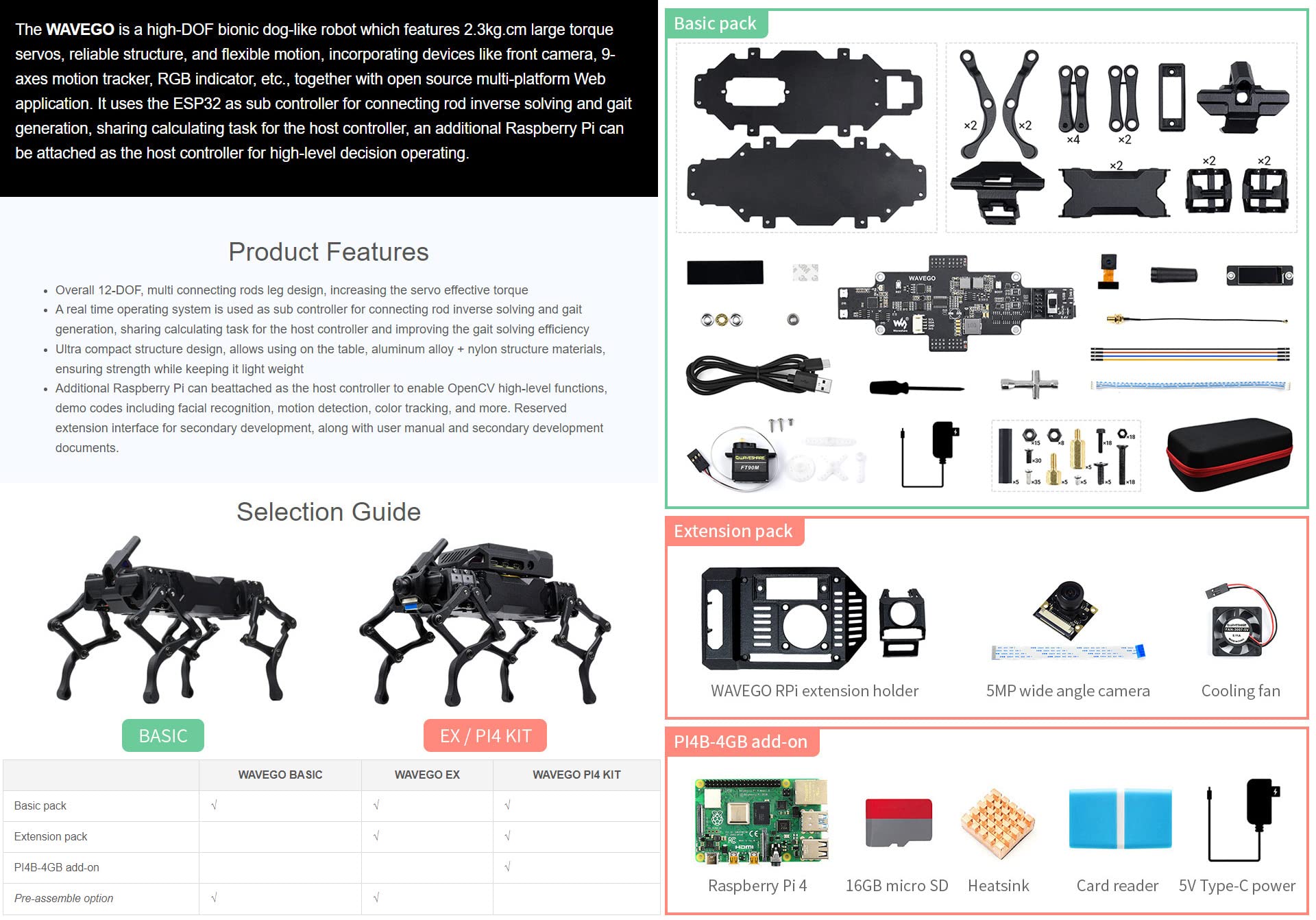 waveshare WAVEGO 12-DOF Bionic Dog-Like Robot Open Source for ESP32 and PI4B Facial Recognition Color Tracking Motion Detection Compatible with PI4B-4GB (Included) (26 Items)