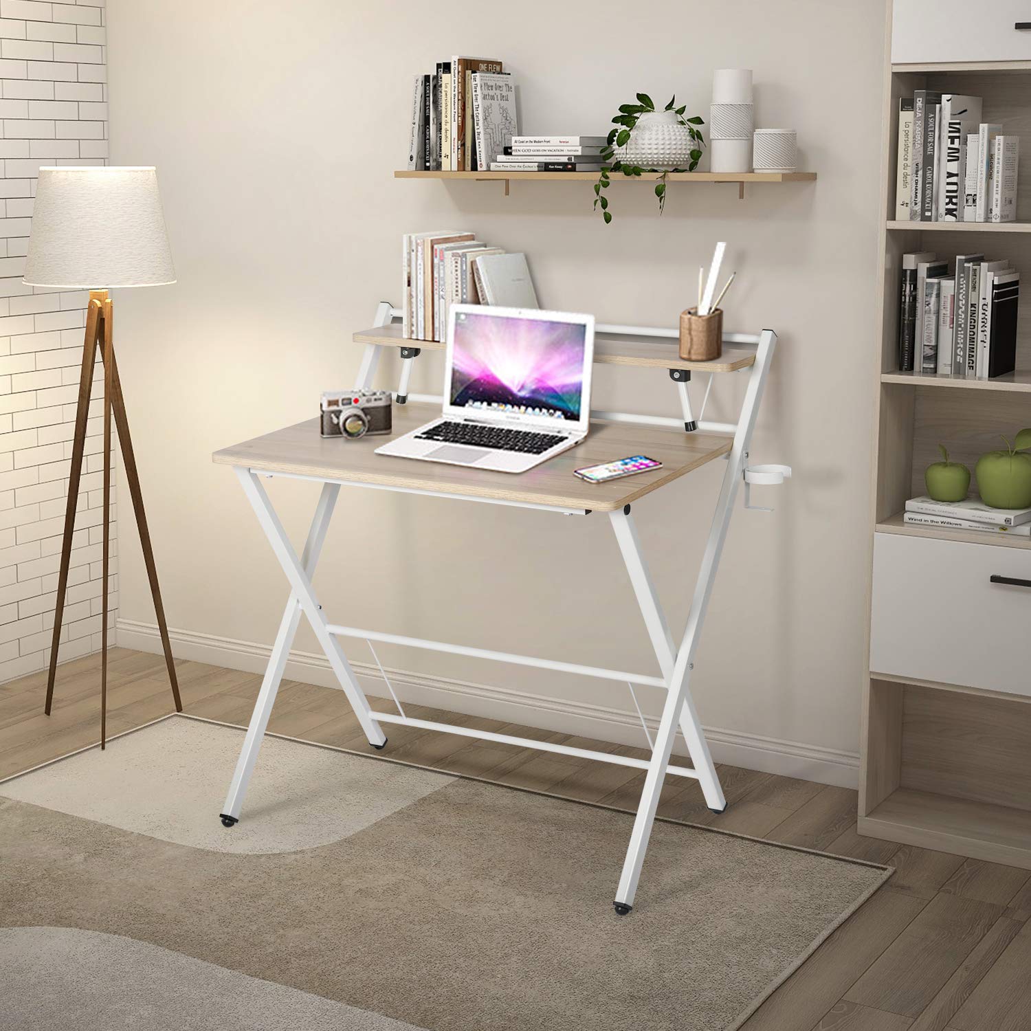 Folding Desk for Small Spaces, 32 Inches Modern Laptop Table, 3 Steps Assembly, Study Writing Computer Desk for Home Office with Shelf (Light Brown)