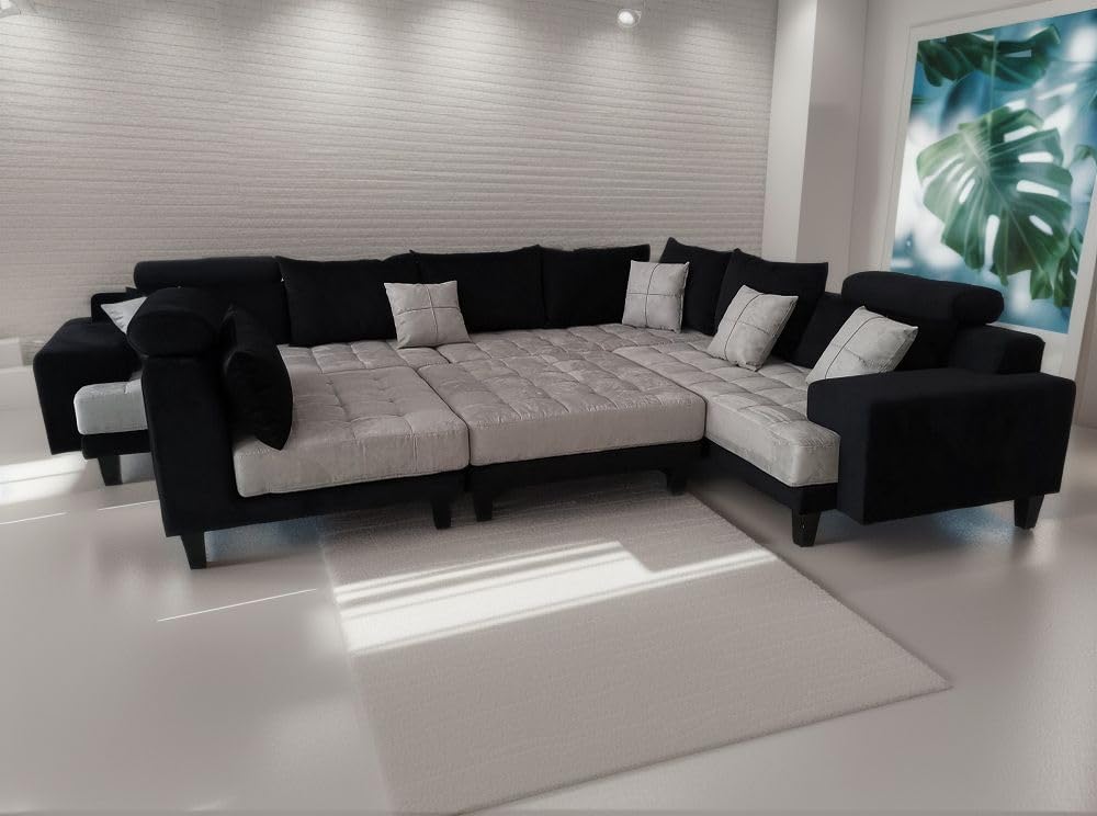 Stendmar L Shape U Shape Reversible Modern Microfiber Fabric Sectional Couch Sofa Set S150D (S150DBK-Black, 142-182" L x 110-150" D x 35" H)