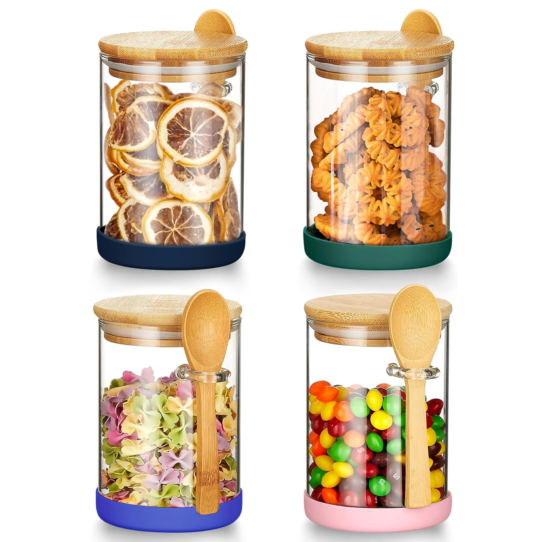 venleft Glass Jar with Lid, 4 Pack 18.5OZ Clear Airtight Glass Storage Containers With Bamboo Lids and Spoon Glass Jars for Sugar, Nuts, Flour, Cereal, Rice,Tea, Coffee Beans, Bath Salts & More