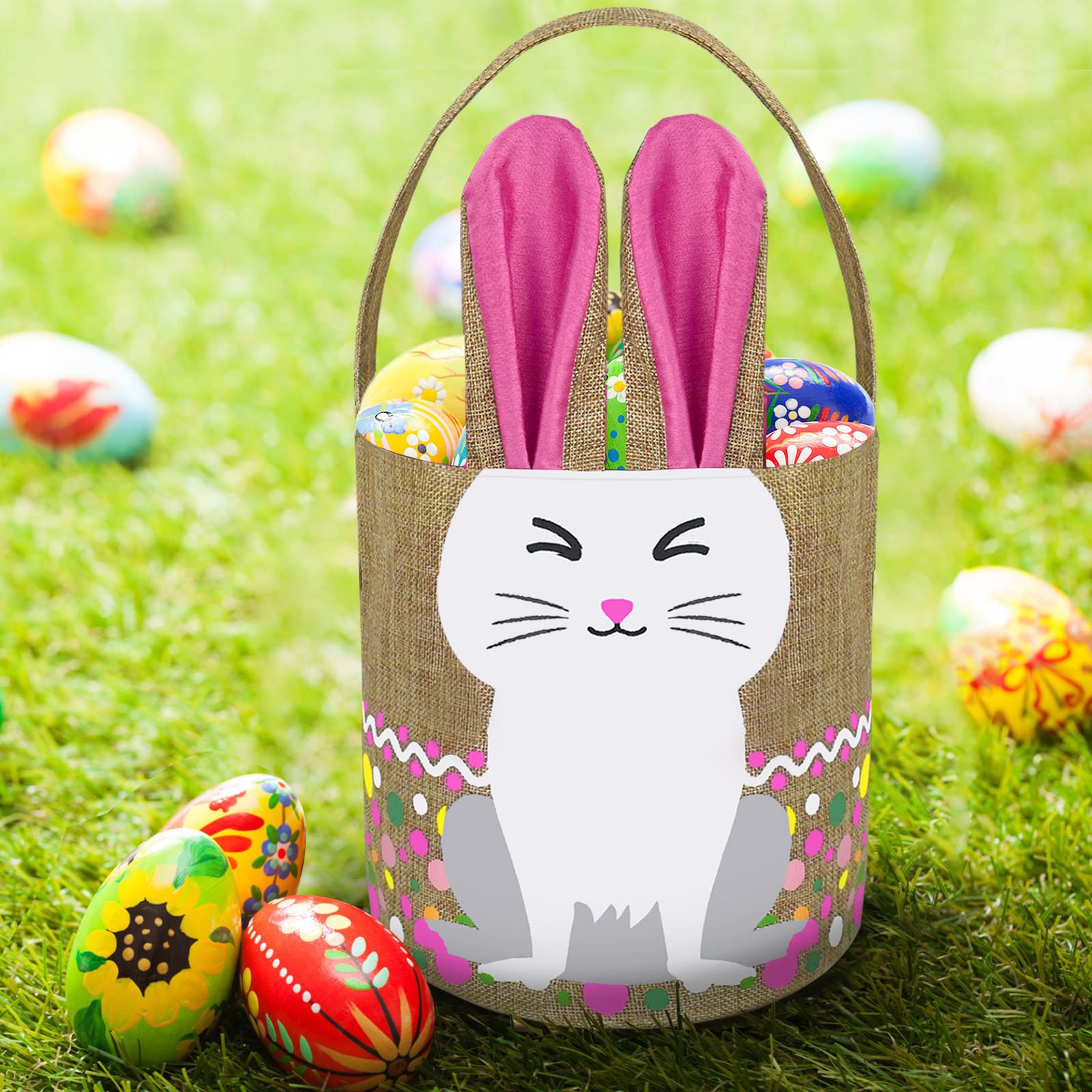 Yoochee 2 Pack Easter Baskets, Easter Basket Gifts for Kids, Personalized Bunny Easters with Cute Rabbit Ears, Egg Hunt Easter Buckets Bags for Boys and Girls, Empty Imitation Linen Basket Party Gift