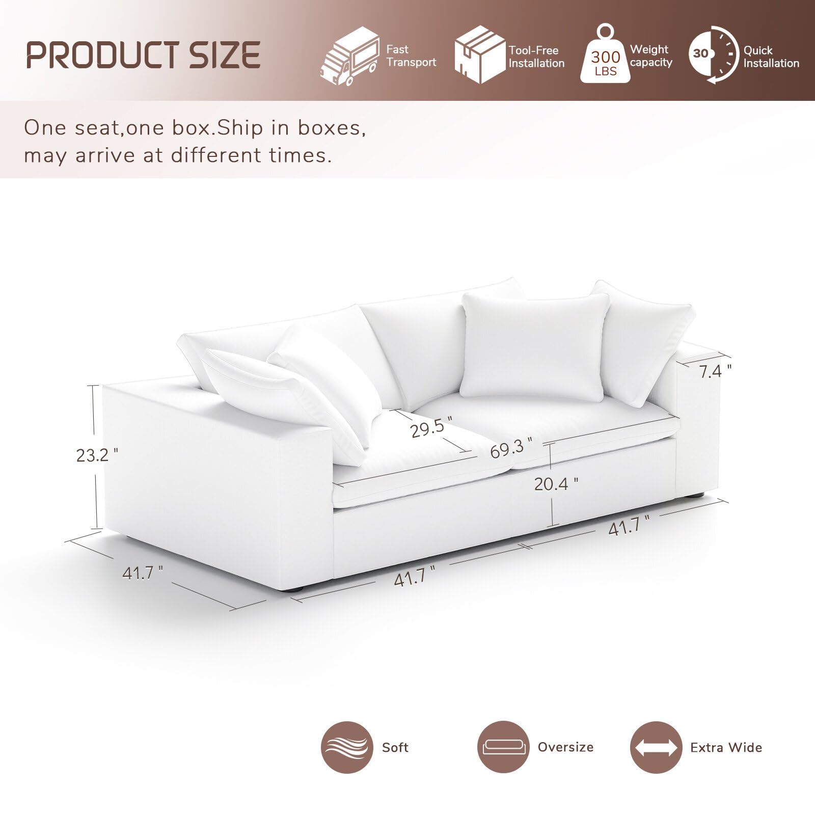 Intuition Decor Cloud Modular Sectional Sofa,78.6" Down Filled Sofa Minimalist Sofa Cover Washable and Replaceable Couches for Living Room,Sectional Sofa Deep Seat White