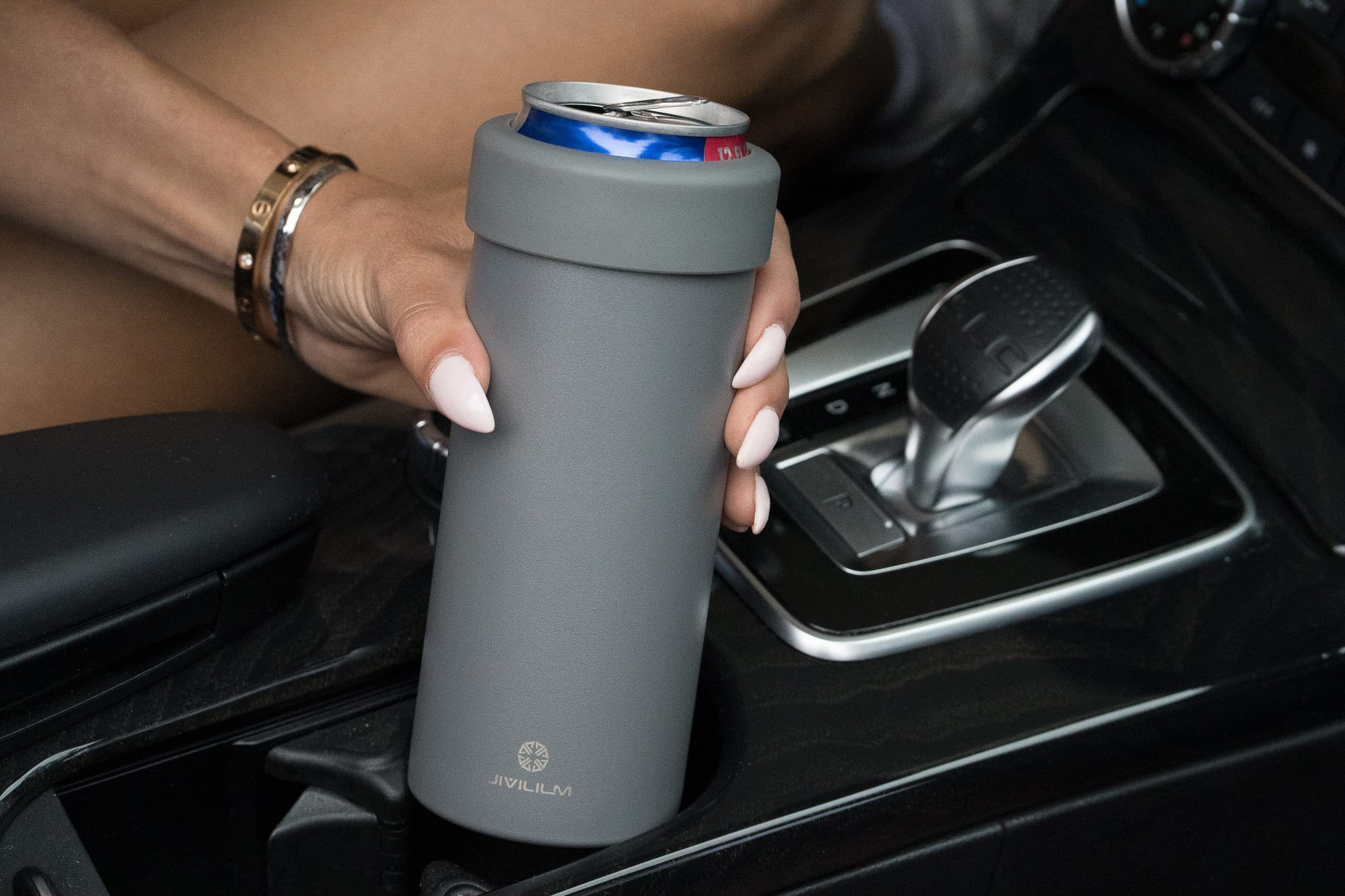 JIVILILM Stainless Steel Insulated Cooler for 12oz Slim Cans | Skinny Can Drinks Holder for Hard Seltzer, Beer, Soda, and Energy Drinks (Gray)
