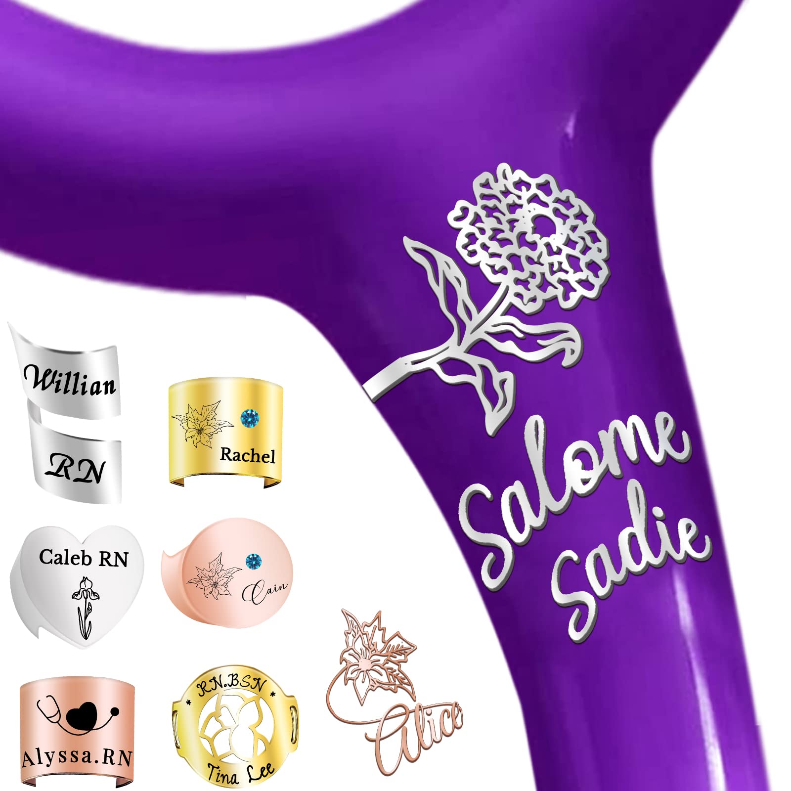 Stethoscope Name Tag Personalized Stethoscope ID Charm Accessories for Nurses Doctor Custom Engraved Name Badge with Birth Flower Nurses Week Gift (Style 7 Silver)
