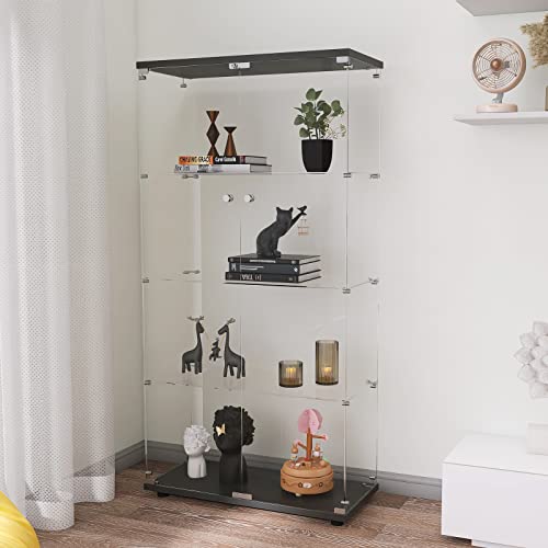 Zacis Modern 4-Tier Tempered Glass Display Case, Floor-Standing Showcase Display Cabinet with Lock, Display Shelf Curio Cabinet with Glass Doors for Collectibles, Trophy, Action Figures, China