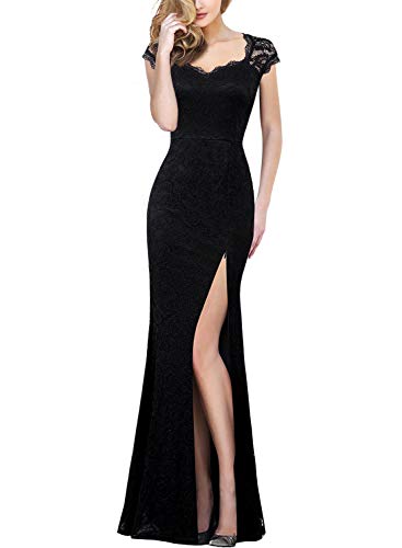 VFSHOW Womens Black Floral Lace Sweetheart Neckline Keyhole Back High Split Formal Evening Wedding Prom Party Maxi Long Dress 3780 BLK BLK XL
