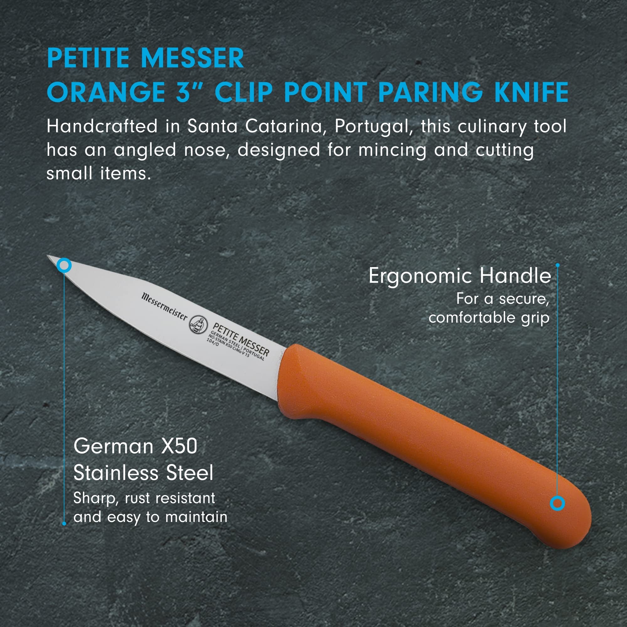 Messermeister Petite Messer 3” Spear Point Parer with Matching Sheath, Orange - German 1.4116 Stainless Steel & Ergonomic Handle - Lightweight, Rust Resistant & Easy to Maintain