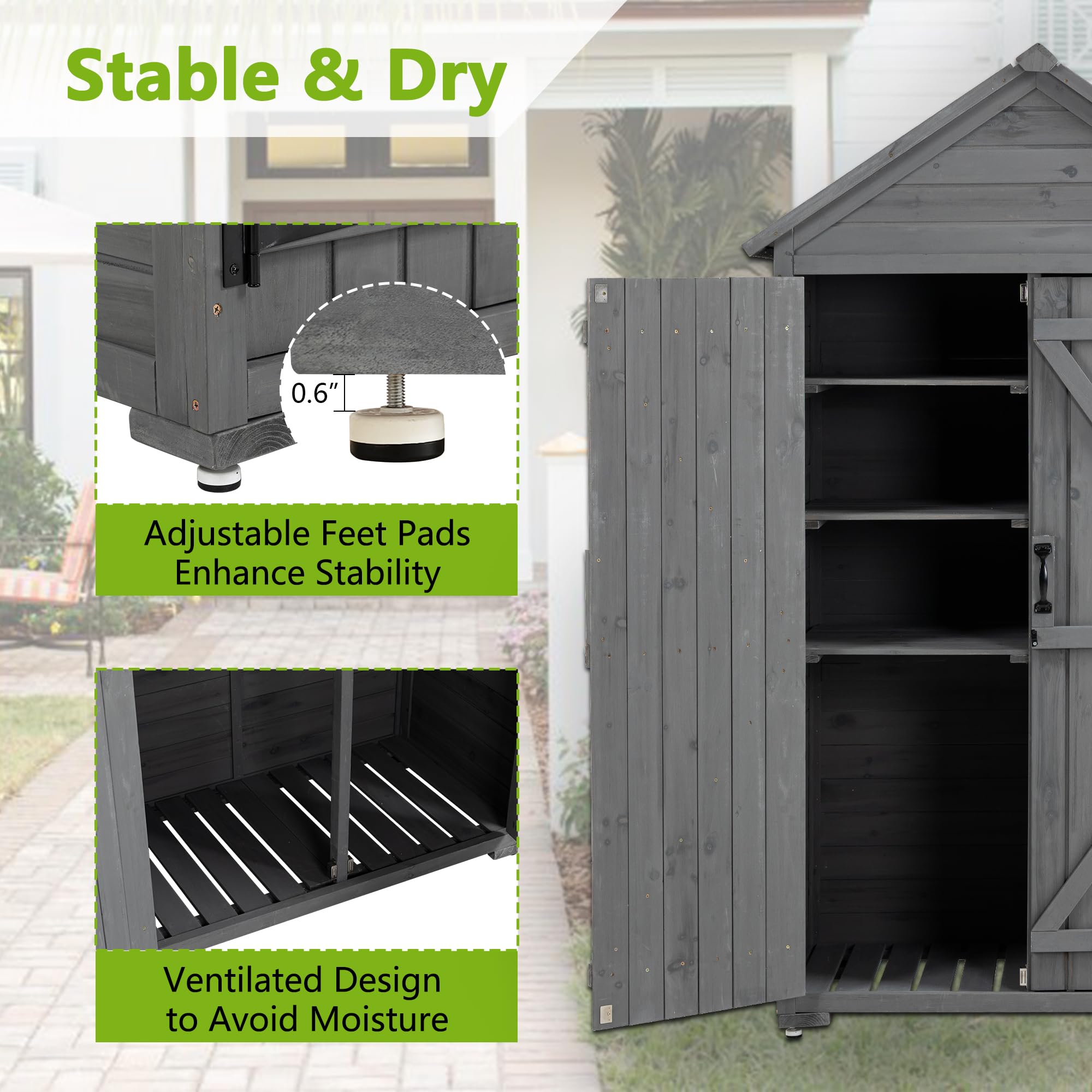 Miscoos Outdoor Wood Storage Shed, Vertical Garden Shed Closet with Lockable Doors, Outside Tool Shed Storage Cabinet with Floor,Detachable Shelves,Pitch Roof for Poolside Backyard Porch