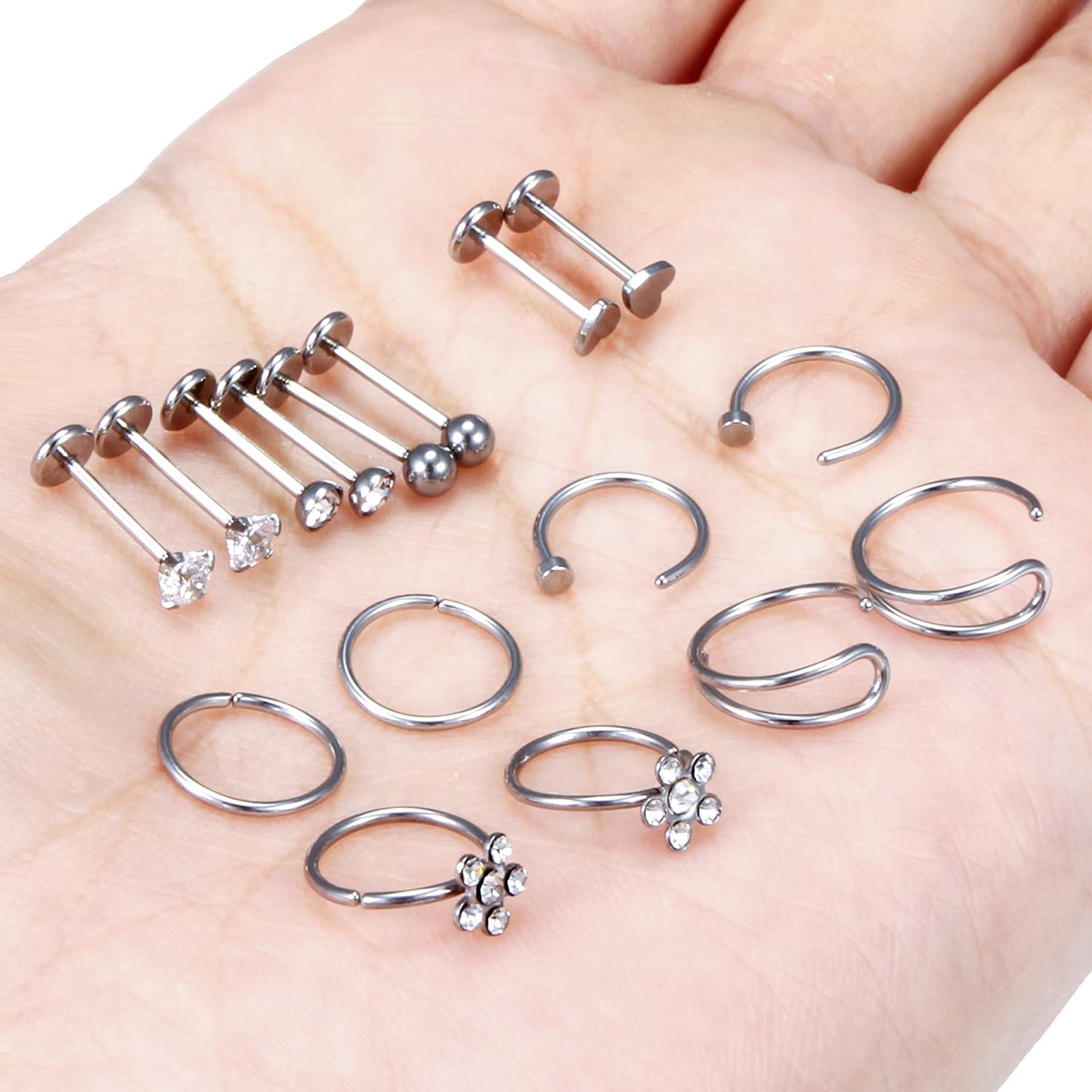 Ftovosyo 20G Threadless Push in Nose Studs Surgical Steel Nose Rings Hoop for Women Men Paved CZ Flower Threadless Nose Piercing Jewelry Double Nose Ring for Single Piercing Set
