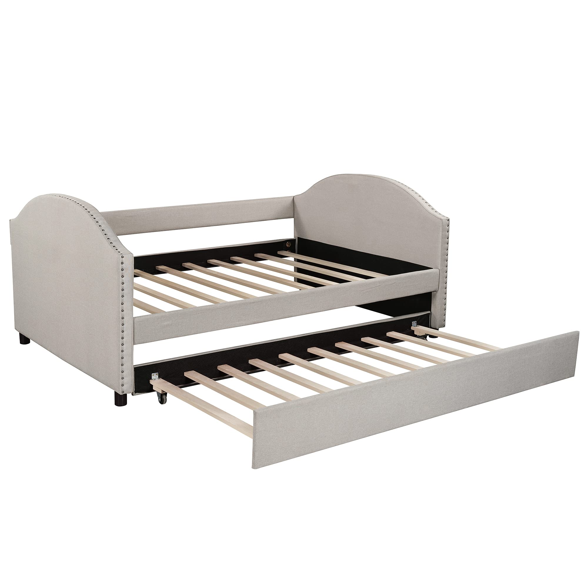 Harper & Bright Designs Full Size Upholstered Daybed with Twin Size Trundle, Upholstered Daybed Sofa Bed Frame for Living Room Bedroom, Beige