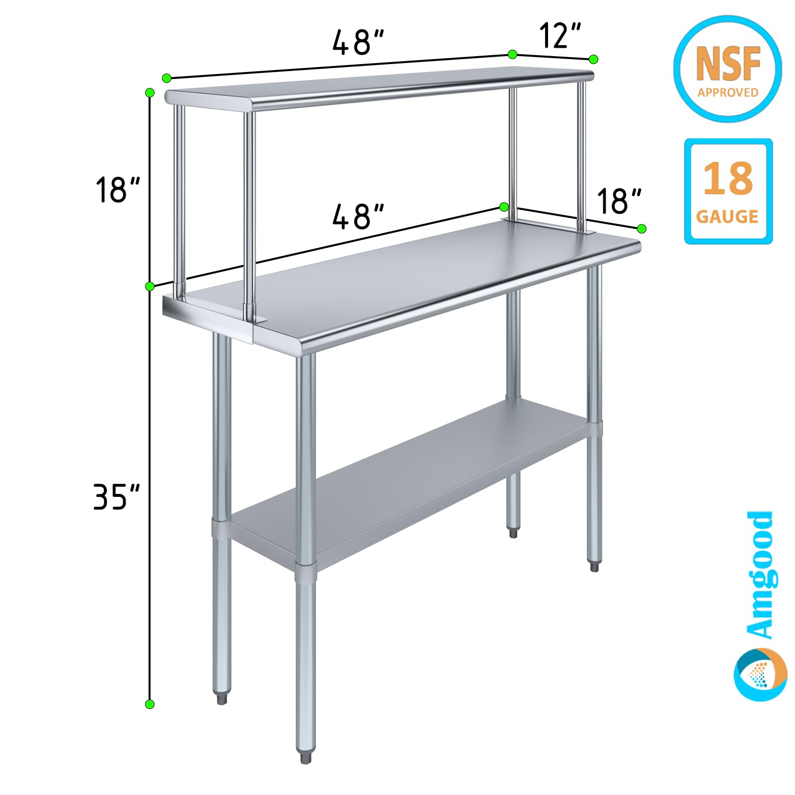 Stainless Steel Work Table with Wide Single Tier Overshelf | Metal Kitchen Prep Table & Shelving Combo (18" x 48" Work Table + 12" Overshelf)