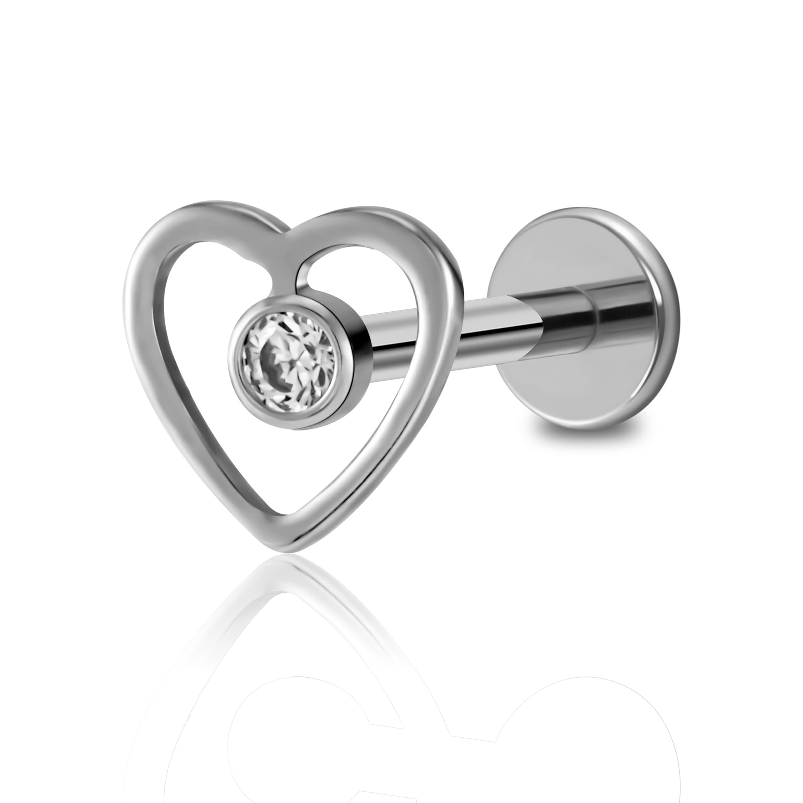 FINE4U Threadless Flat Back Earrings Stud Titanium 18G 6mm 8mm - ASTM F136 Titanium Heart Cartilage Earring for Conch, Helix, Tragus, Flat, Lobe