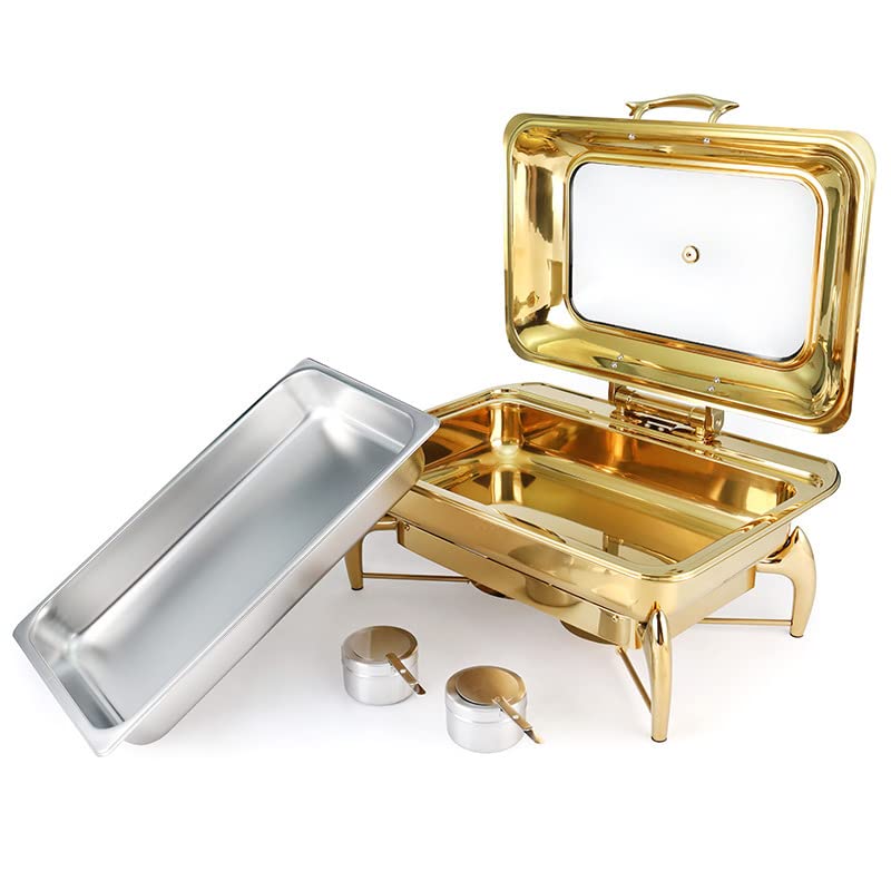 HONHPD 10L Stainless Steel Thickened Buffet Stove, Commercial Hotel Restaurant Breakfast Heating Furnace, Hydraulic Transparent Cover Buffet Stove, Chafing Dish Buffet Set, Gold(Full Size)