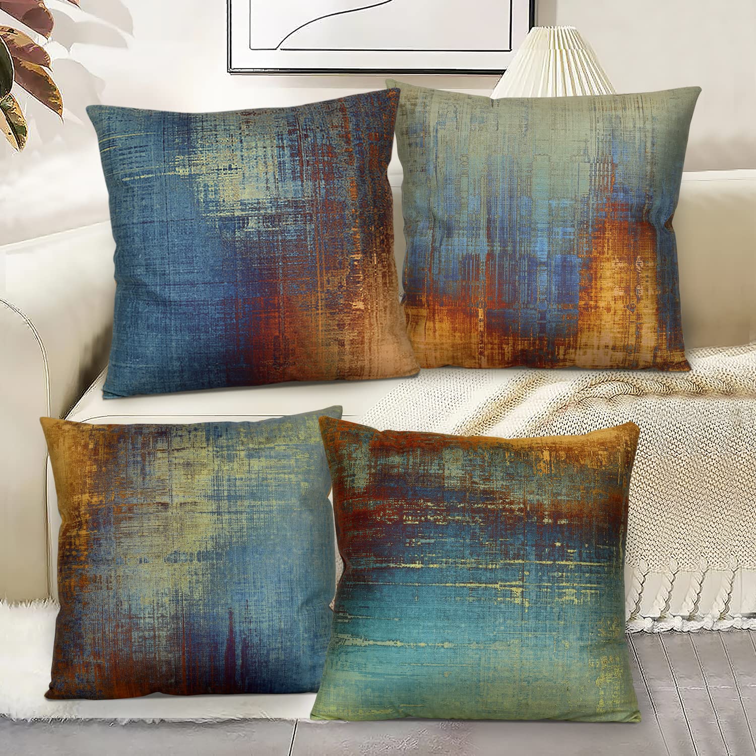 Ficakst Decorative Pillow Covers 20x20 set of 4, Blue Teal and Orange Art Artwork Contemporary Decorative Pillow Covers for Bedroom Sofa Living Room