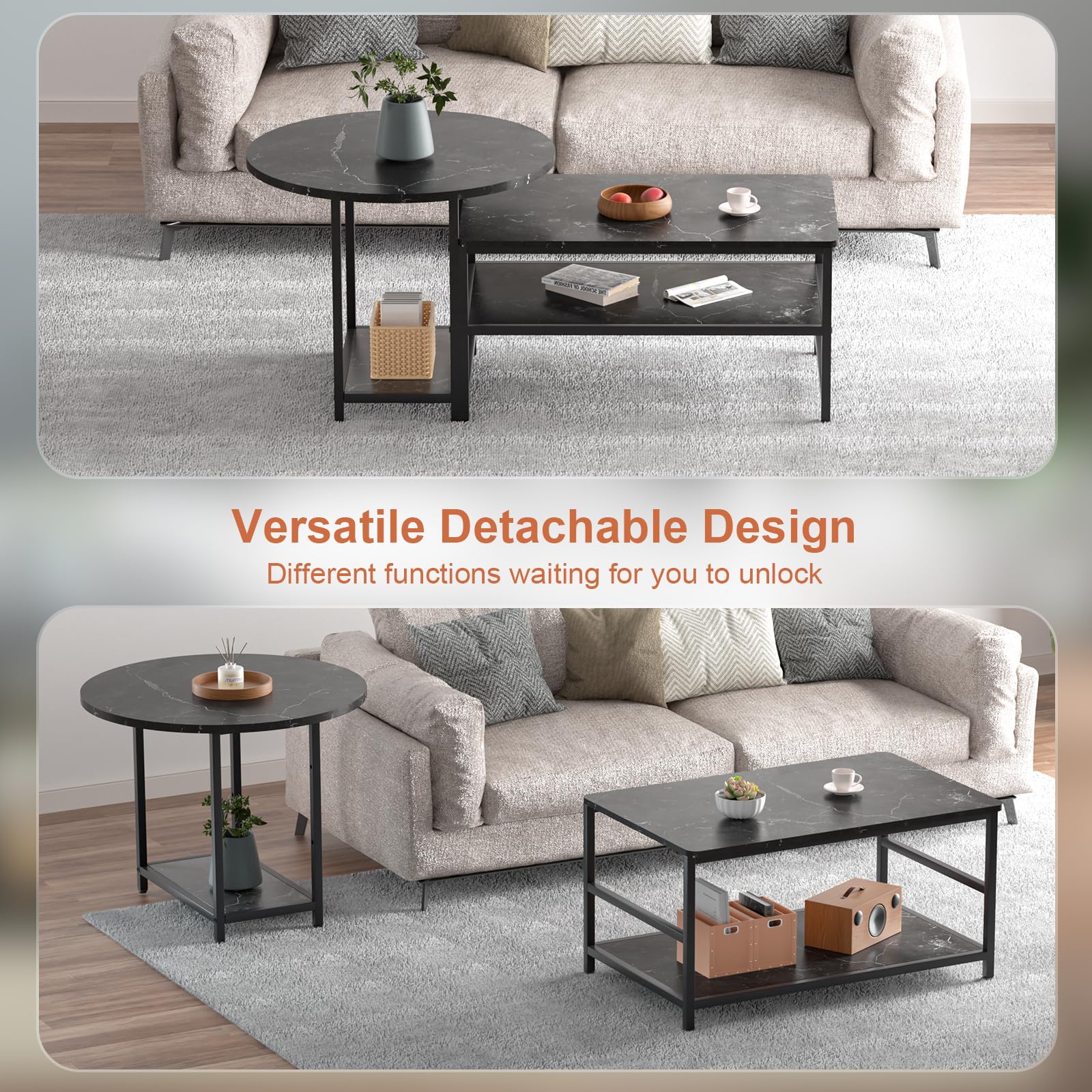 WOHOMO Coffee Table, Black Modern Coffee Tables for Living Room 2 in 1Detachable Small Center Table Set with Storage, Black Marble