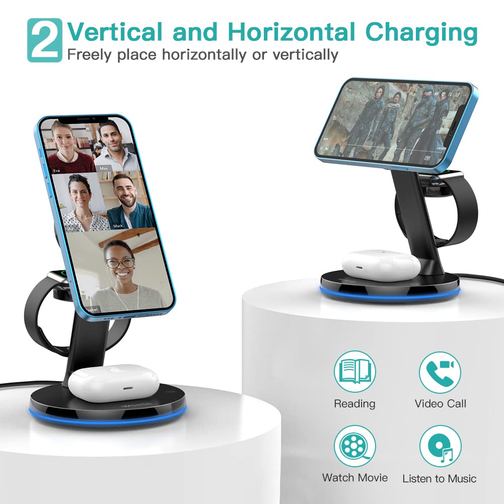 weetla 3 in 1 Magnetic Wireless Charger Stand,Fast Wireless Charger for iPhone 14/13/12 Series, iWatch 7/6/SE/5/4/3/2, AirPods 2/Pro(with QC3.0 Adapter)