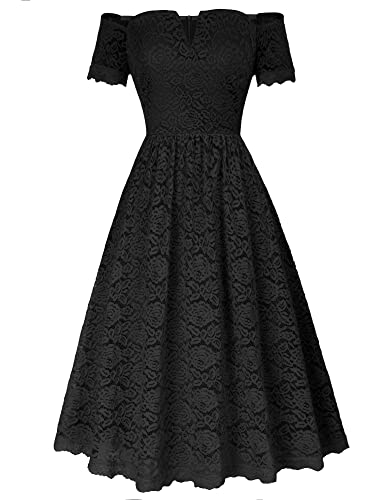 Women's Wedding Dress Short Sleeve Lace Dress Bridal Shower A Line Bridsmaid Party Dresses Black M