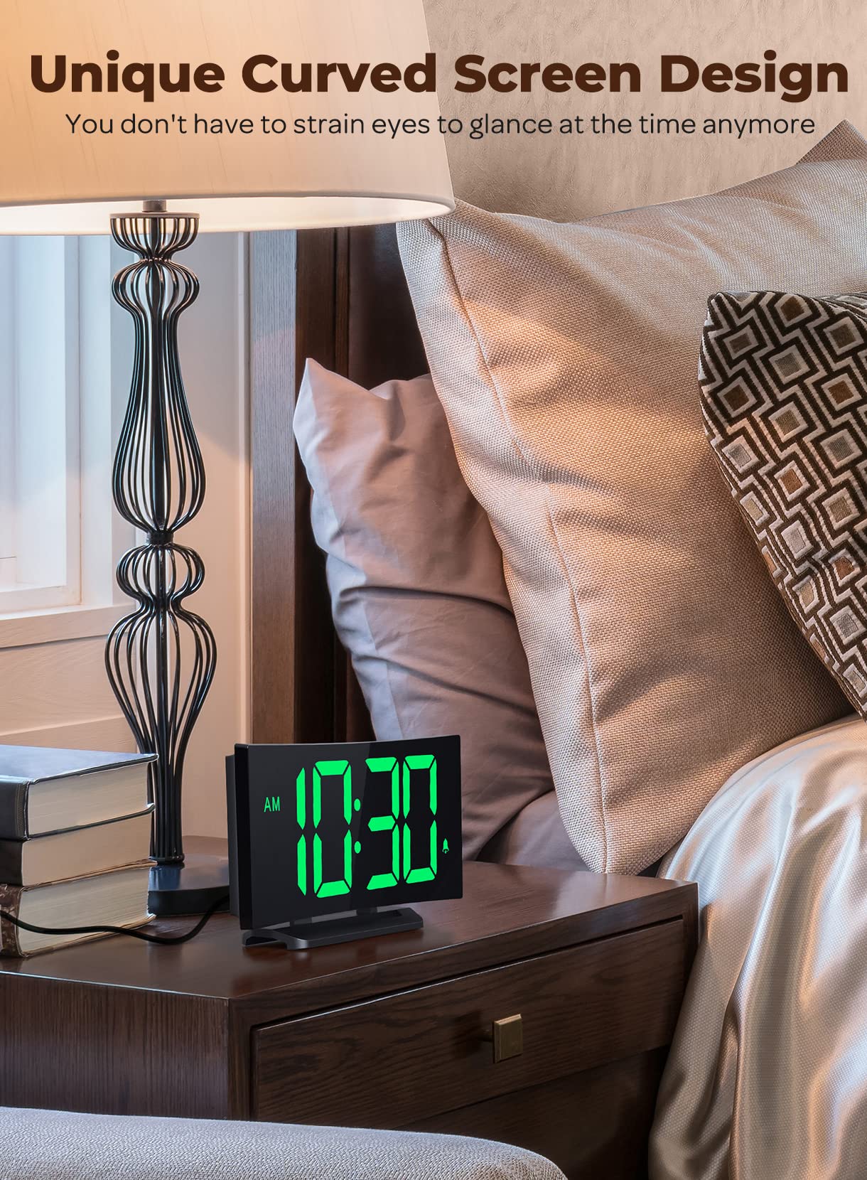 Digital Alarm Clocks for Bedrooms, Digital Clock with LED Curved Screen Display, 5 Adjustable Brightness+off, 3 Ringtones, 2 Levels Volume, 12/24H, Snooze, Outlet Powered Bedside Clock for Kids Adults