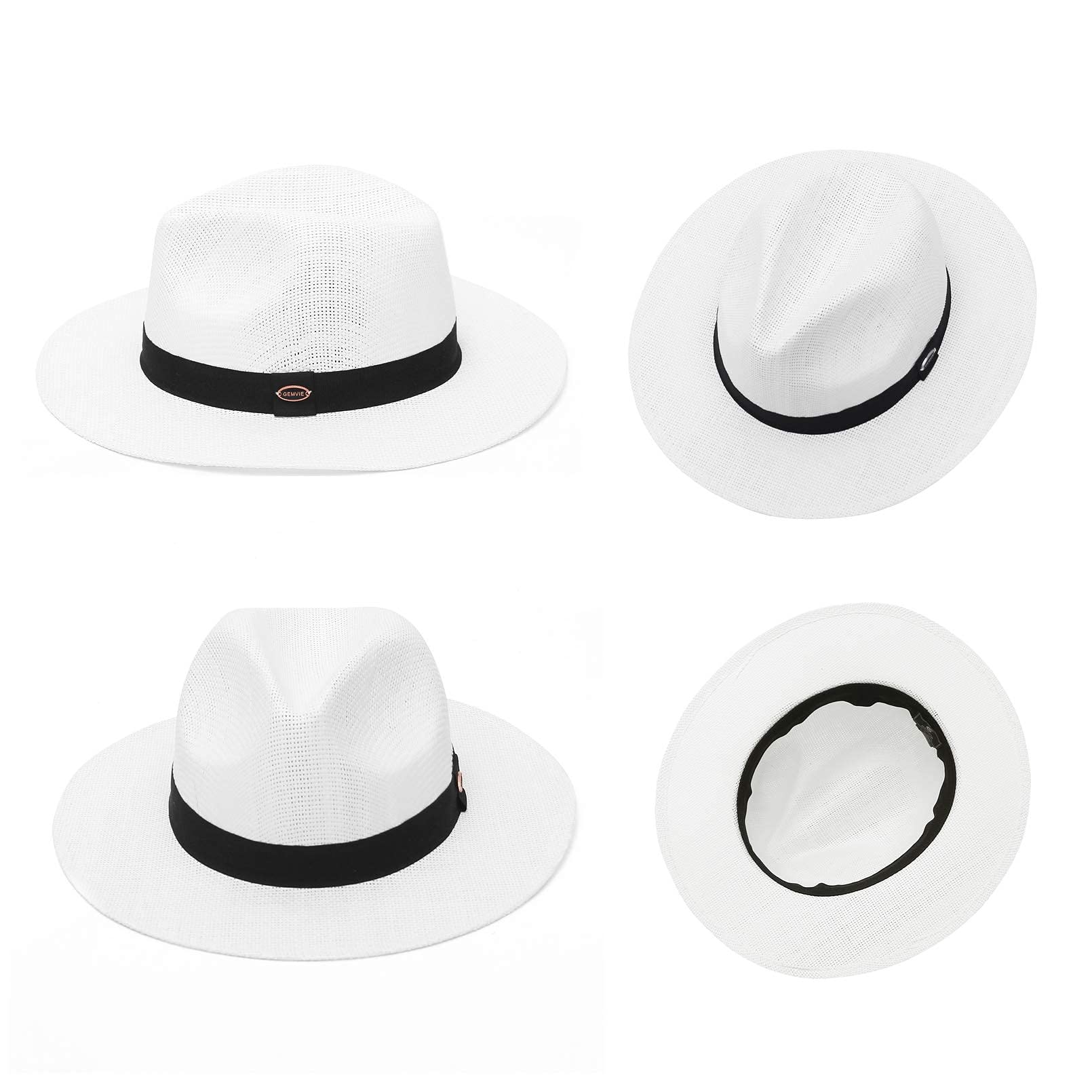 GEMVIE Straw Sun Hat for Men and Women Fedora Hat Straw Panama Hat for Summer Beach White