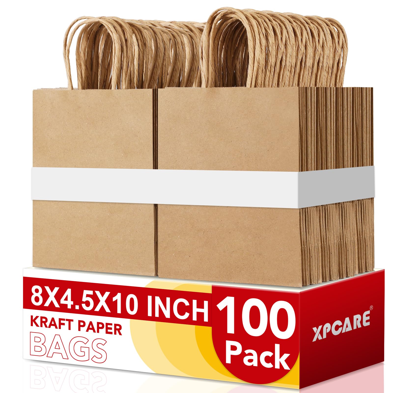XPCARE 100Pack Brown Paper Bags 8x4.5x10 Inch, Plain Medium Paper Bags with Handles Bulk, Kraft Paper Gift Bags, Retail Bags, Party Bags, Shopping Bags, Favor Bags