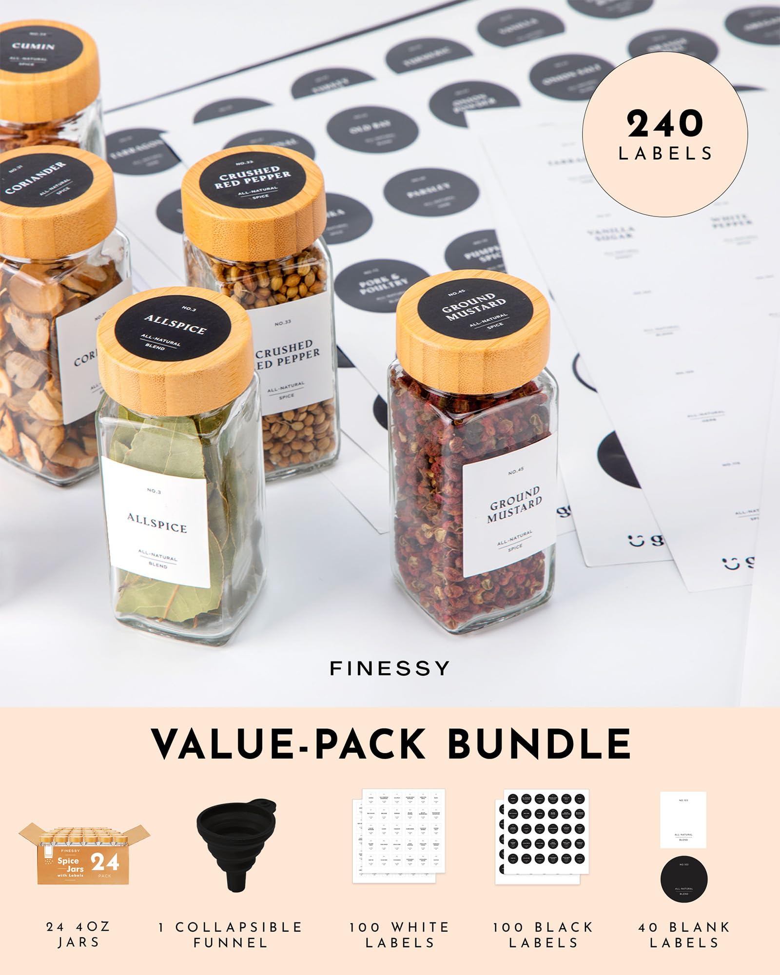 Glass Spice Jars with Labels Bamboo, 24 pcs 4 oz Seasoning Containers Set, Spice Containers with Shaker Lids, Empty Glass Seasoning Jars, Spice Bottles Storage Refillable, Seasoning Organizer Kitchen