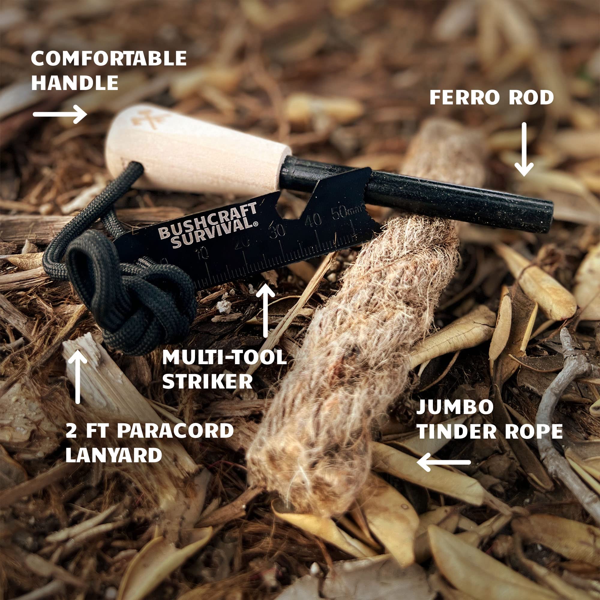 Ferro Rod Fire Starter Survival Tool | Flint and Steel w/ 4PK Jumbo Tinder Rope Fire Starters for Campfires Hiking Backpacking | Waterproof Magnesium Farrow Rod Tools