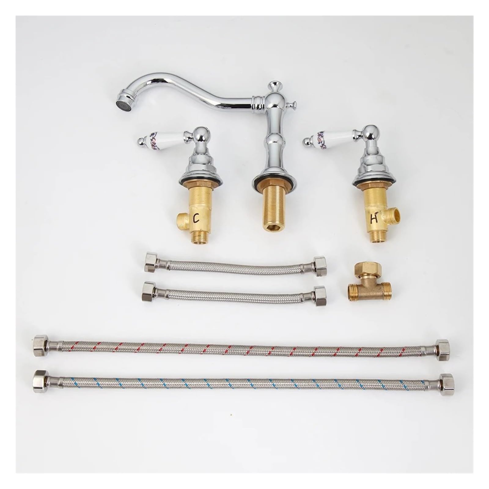 MISSCELL Chrome Brass Bathroom Faucet Hot & Cold Bathtub Mixer Faucet Deck Mounted Wash Basin Sink Faucet Ceramic Handles ,Faucet, LL-662