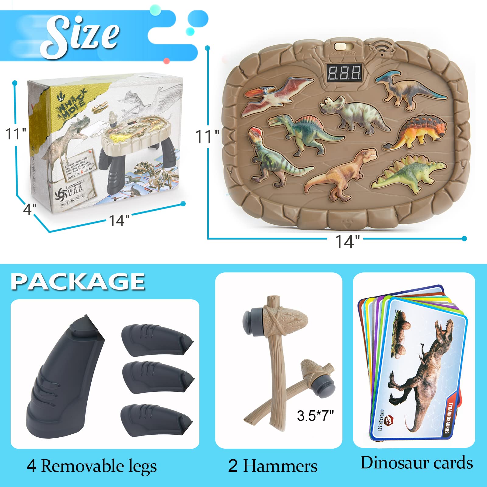 Itcaoseklu Whack A Dinosaur Toy, Interactive Whack a Mole Pounding Game Toy, 2 Hammer & 4 Heighten Legs, Dinosaur Identify Early Developmental Educational Toy for Kids Toddlers
