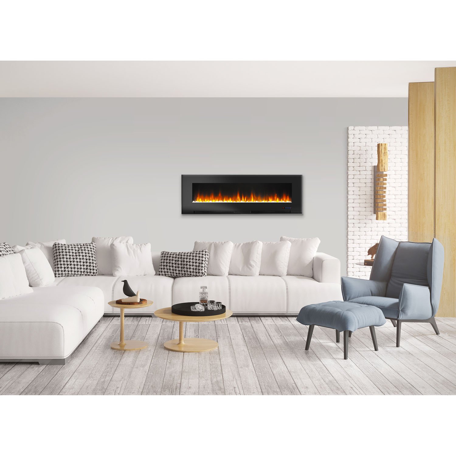 Hanover Fireside 60'' Wall Mounted Electric Fireplace with Crystal Rock Display and LED Multi-Color Realistic Flame, Modern Wall Fireplace Heater for Home and Office with Remote Control in Black