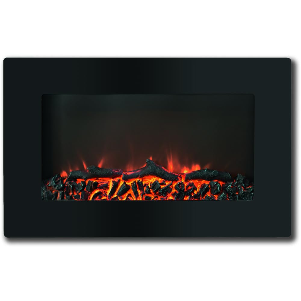 Hanover Fireside 30'' Black Wall Mounted Electric Fireplace with Driftwood Log Display and Realistic Flame, Modern Wall Fireplace Heater with Remote Control for Home, Living Room, Office
