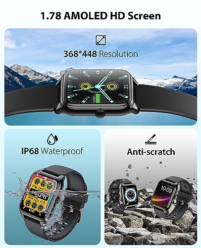 EGQINR Smart Watch, 1.78" AMOLED 368 * 448 HD Screen, 69 Sports Modes Fitness Tracker with Heart Rate, Blood Oxygen, Sleep, IP68 Waterproof Smartwatch with Bluetooth Call for Android iOS