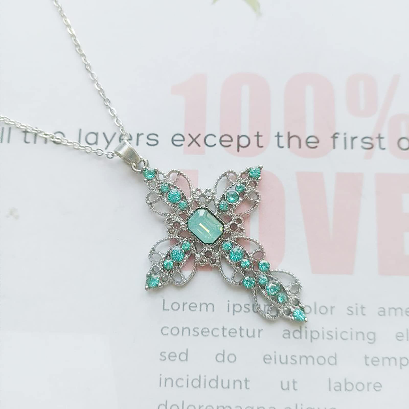 Faruodis Cross Bohemian Pendant Necklace Crystal Celtic Chain Jewelry for Women (Blue)