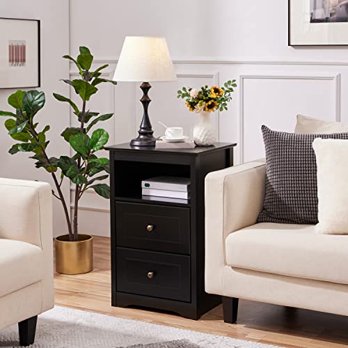 Yaheetech Nightstand Set of 2, Wooden Bedside Tables with 2 Drawer and Cubby, 2Pcs Tall Nightstand for Bedroom Small Space, Bedside Cabinet Telephone Table, 19″ L × 16″ W × 29″ H, Black