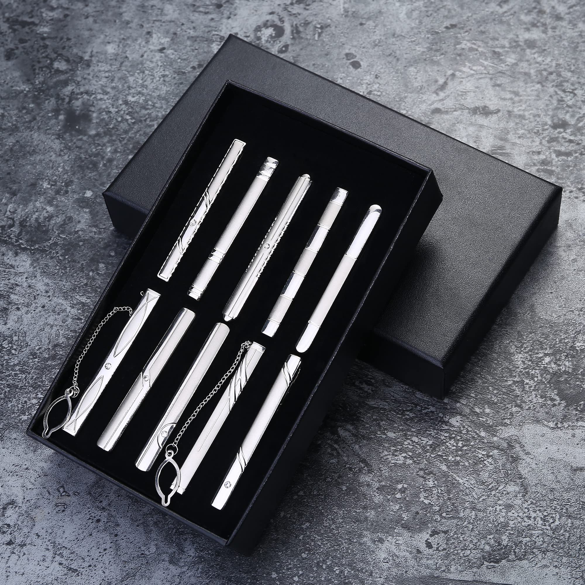 FIASASO 10 Pcs Tie Clips for Men Silver Tie Bar Clip Set for Regular Ties Necktie Wedding Business Clips with Gift Box