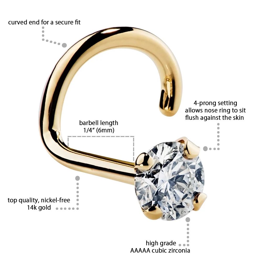 FreshTrends 2mm Cubic Zirconia 14K Yellow Gold Nose Ring Twist Screw - 18G