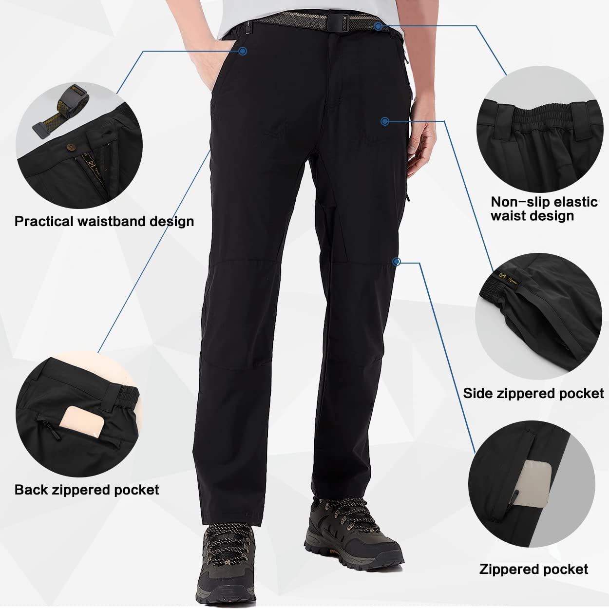 FEIXIANG Men's Hiking Pants Lightweight Tactical Cargo Pants Quick Dry Outdoor Waterproof Hiking Pants with 4 Zip Pockets Black