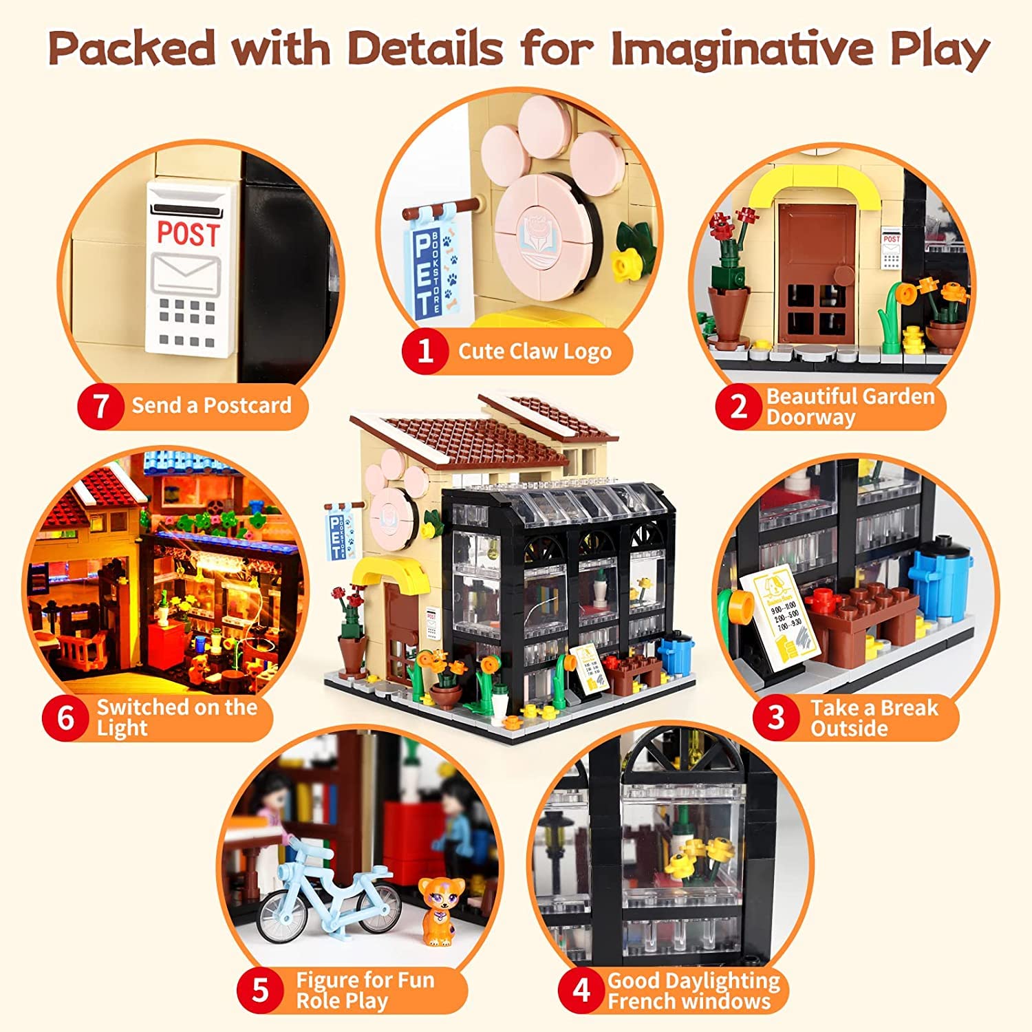 General Jim's Pet Cat Cafe Bookstore Modular Building Blocks House Set | Compatible with Lego City and Friends Sets