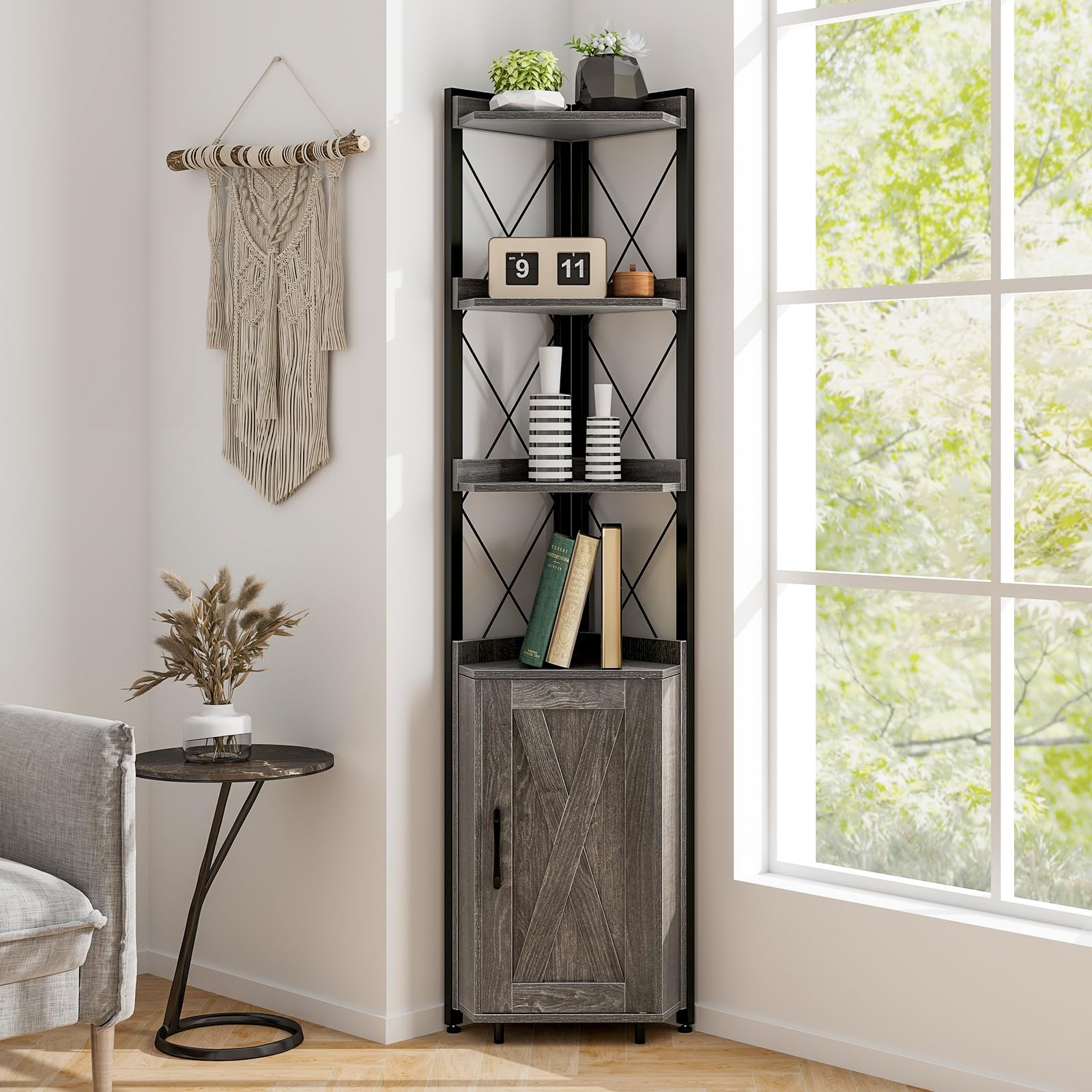 Tangkula Tall Corner Storage Cabinet, 71ā Industrial 6 Tier Storage Shelf w/Door Cabinet, Corner Bookshelf Plant Stand, X-Shaped Metal Frame Standing Cabinet for Living Room, Small Spaces (Grey)