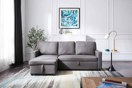 MOEO Convertible New Fabric Modern Sleeper Sectional Sofa Bed with Pull-Out Sofabed with Reversible Storage Chaise Lounge, L-Shaped 3 Seating Corner Couch for Living Room Bedroom, Graphite Grey, Gray