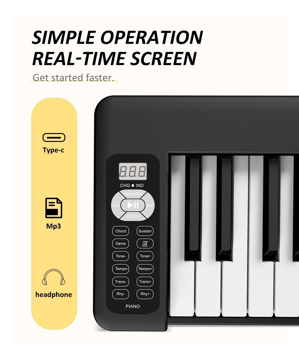 Finger Dance 61 Key Keyboard, Folding Piano, Semi Weighted Keys Portable Piano, Bluetooth & MIDI, Foldable Keyboard Piano for Beginner - Deep Black